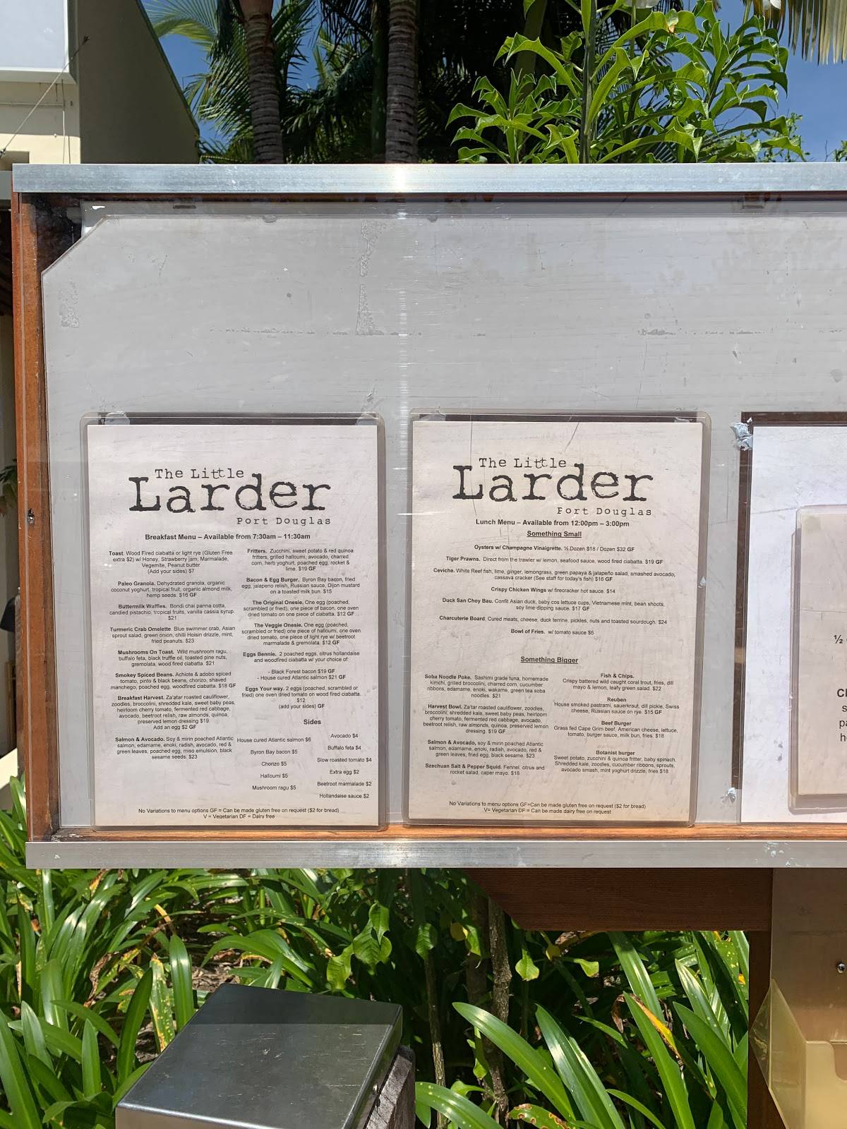 Menu at The Little Larder cafe, Port Douglas
