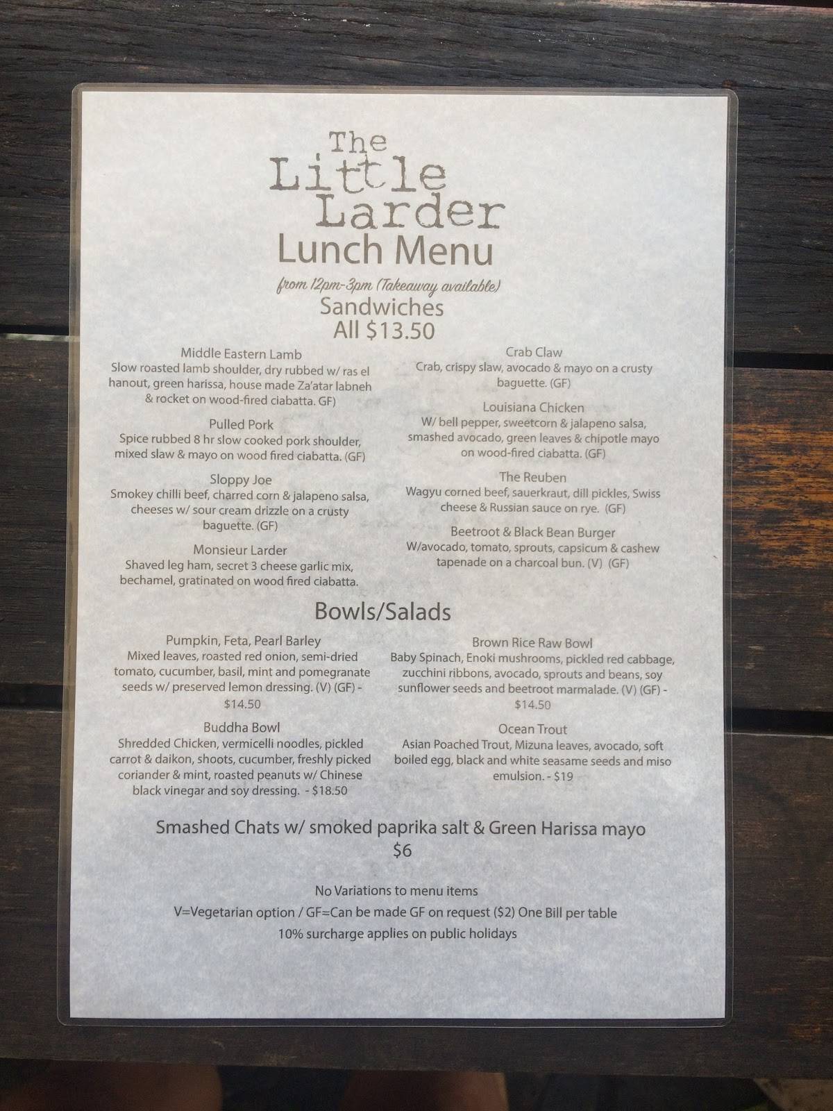 Menu at The Little Larder cafe, Port Douglas