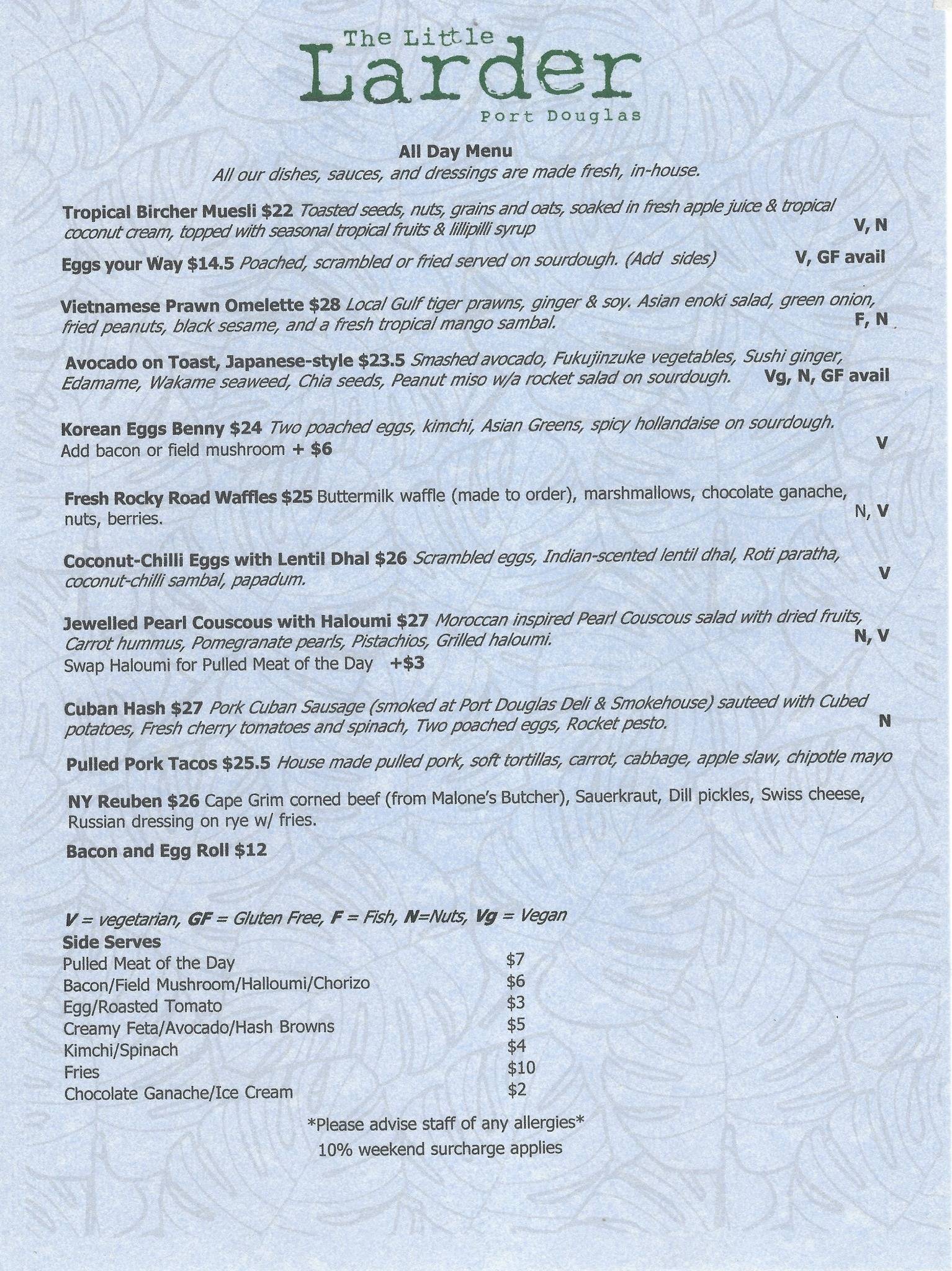 Menu at The Little Larder cafe, Port Douglas