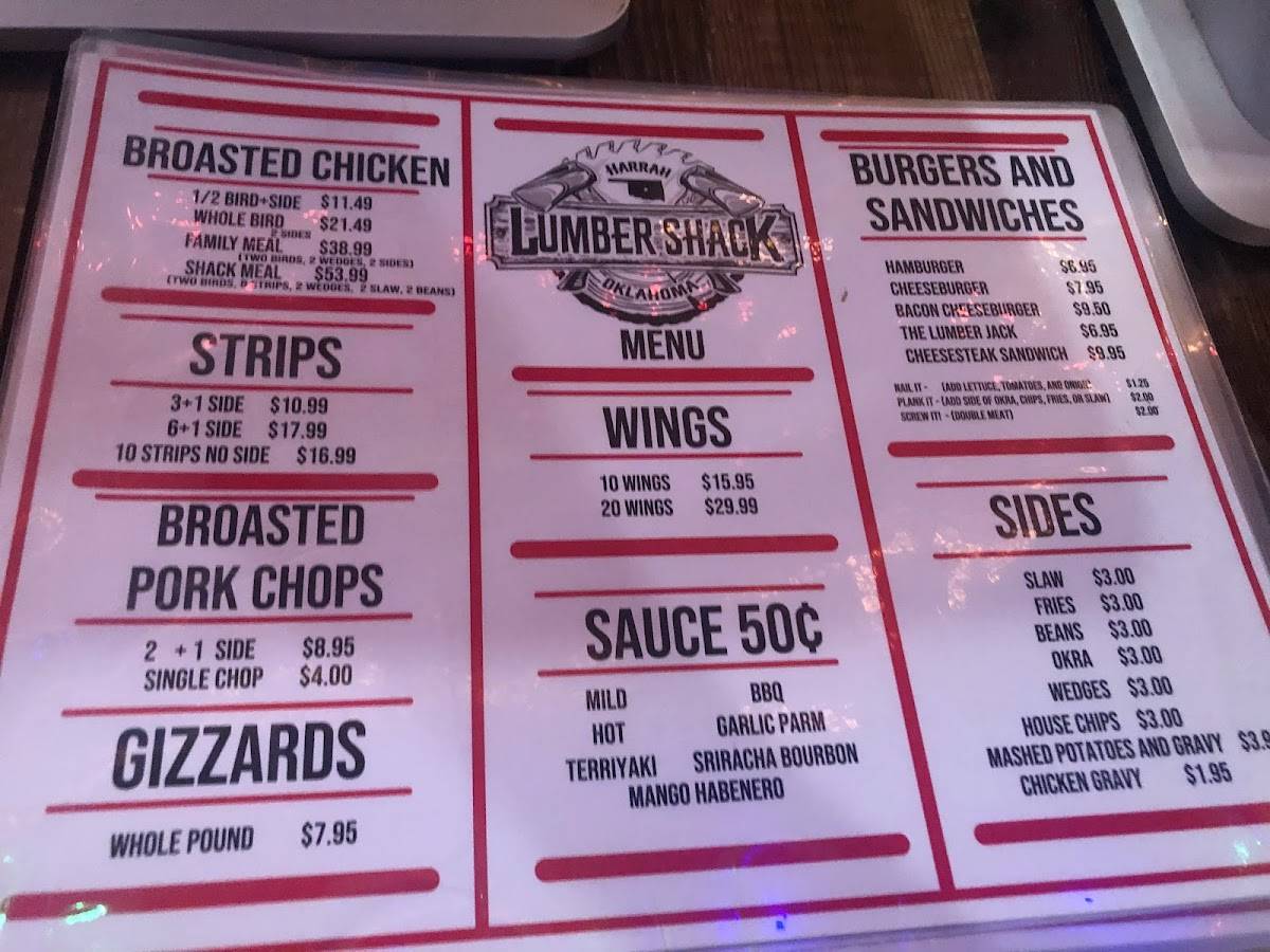 Menu at The Lumber Shack pub & bar, Harrah