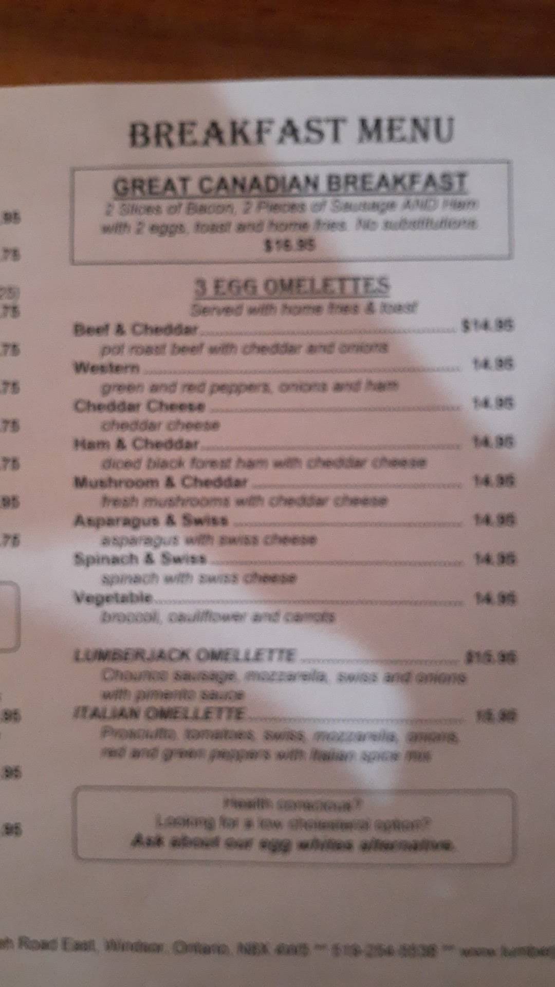 Menu at The Lumberjack Restaurant, Windsor