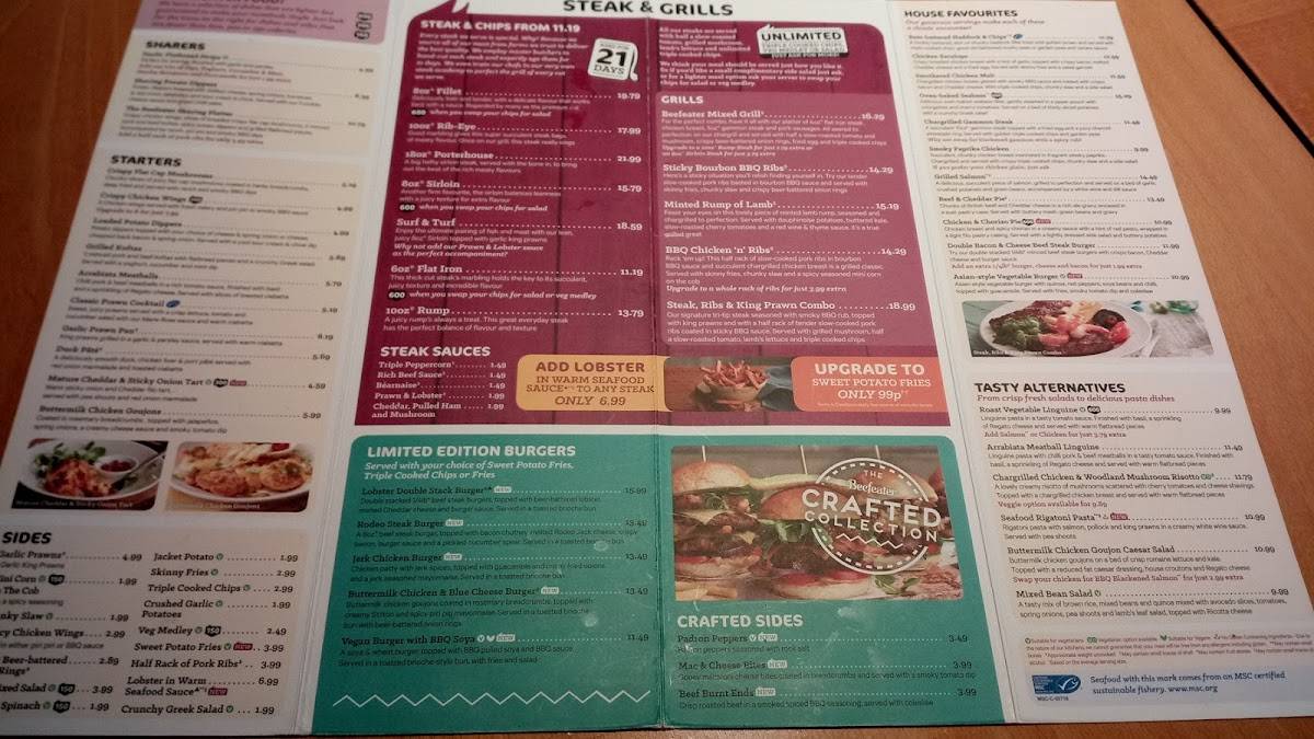 Menu at The Mallard Beefeater restaurant, Derby