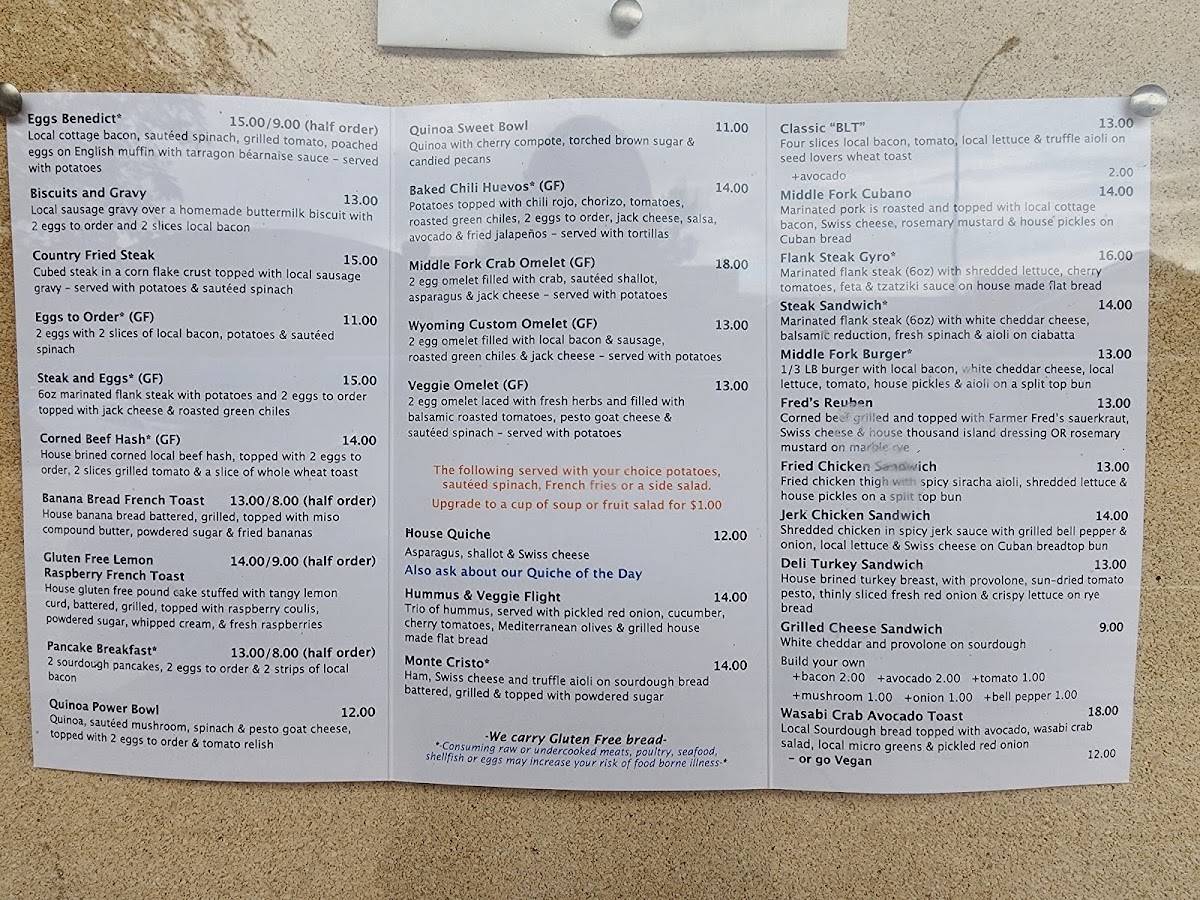 Menu at The Middle Fork restaurant, Lander