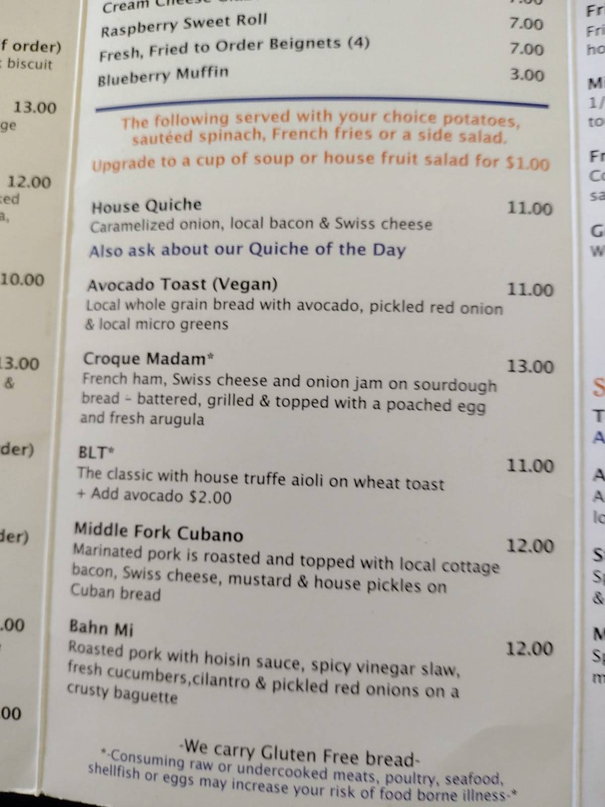 Menu at The Middle Fork restaurant, Lander