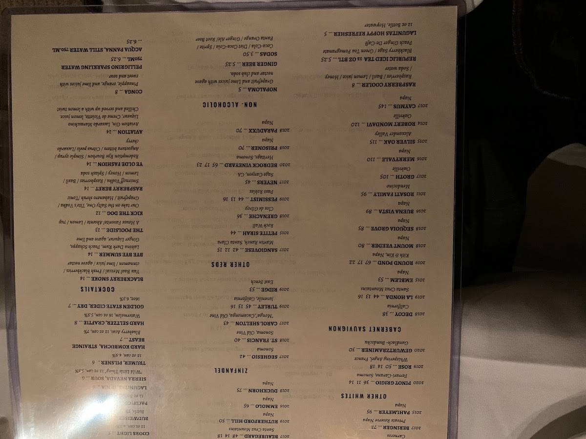 Menu at The Mountain House steakhouse, Woodside