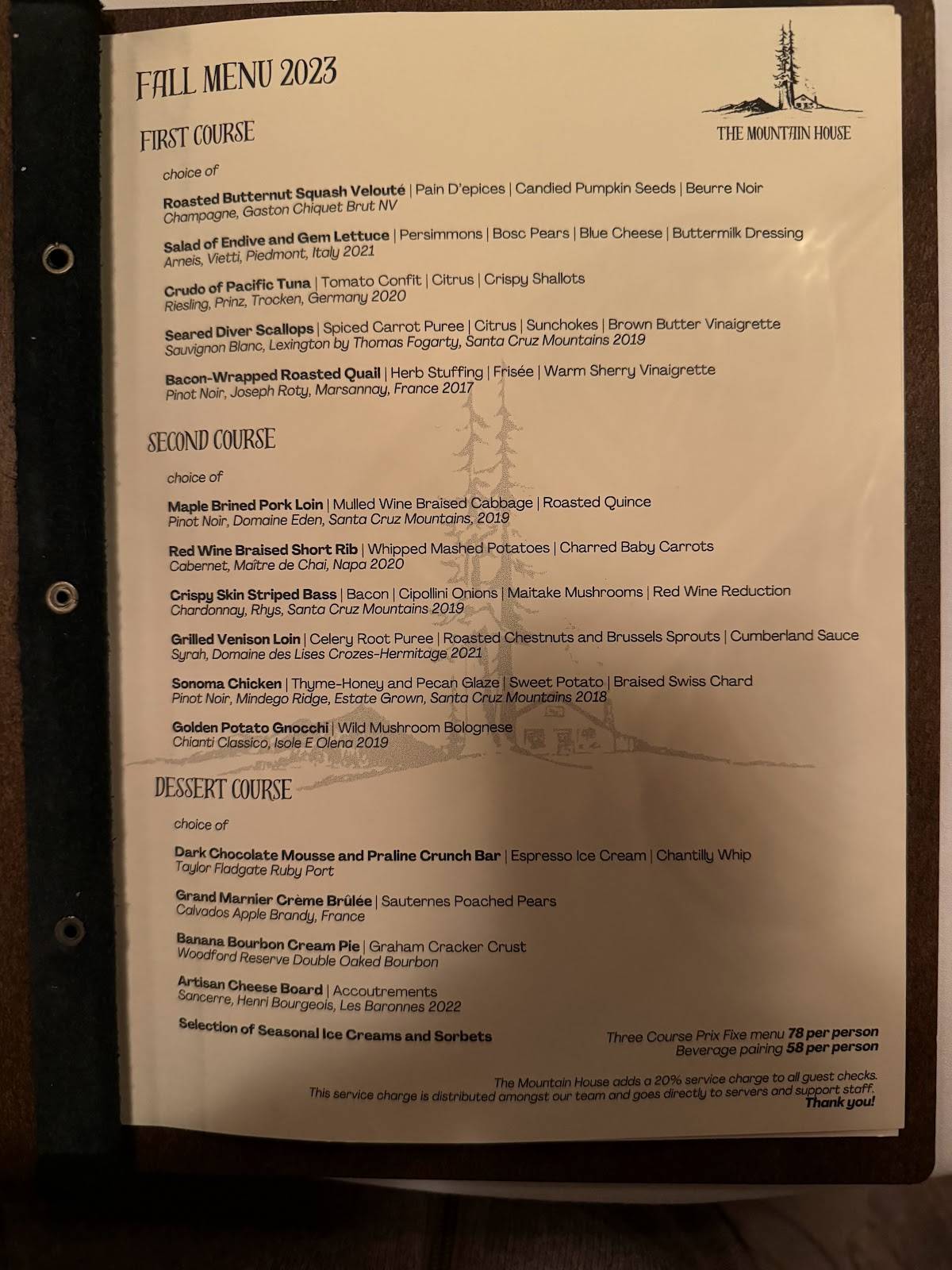 Menu at The Mountain House steakhouse, Woodside