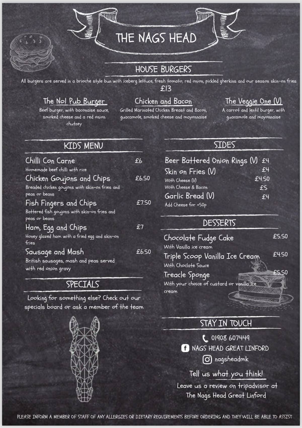 Menu at The Nags Head pub & bar, Great Linford
