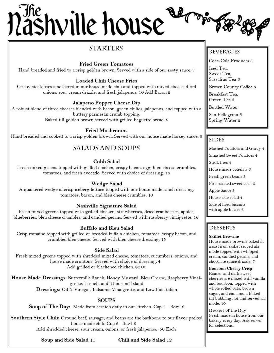 Menu at The Nashville House restaurant, Nashville, 15 S Van Buren St