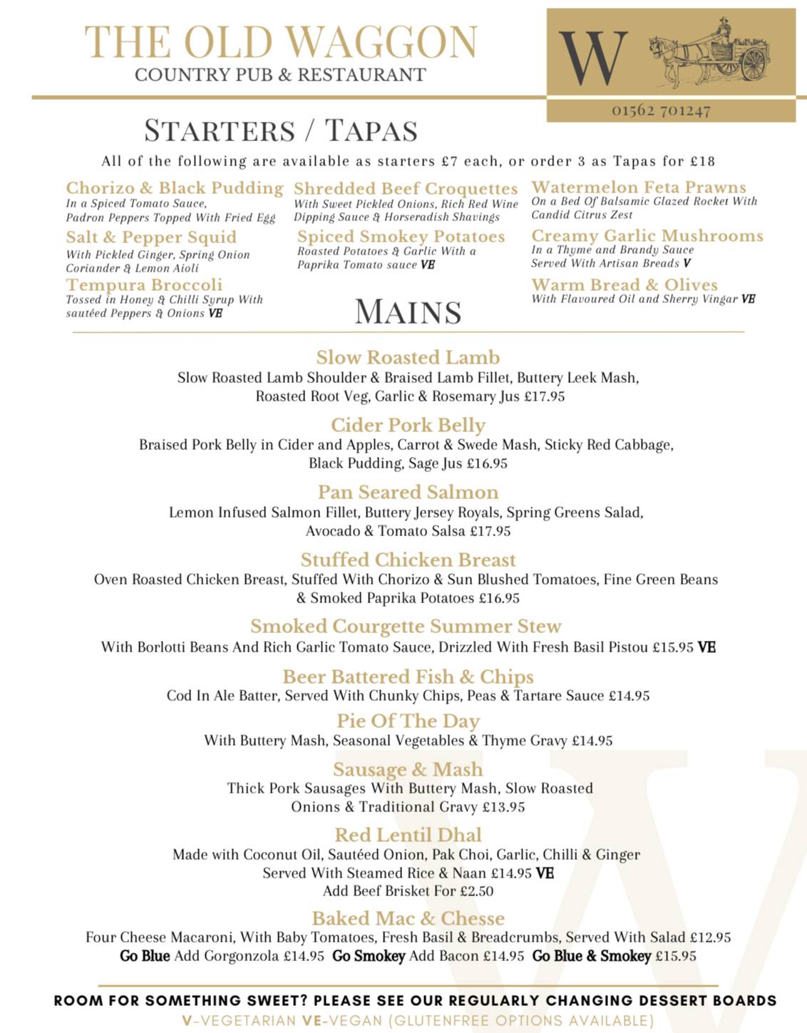 Carta del restaurante The Old Waggon & Horses Iverley, Kidderminster