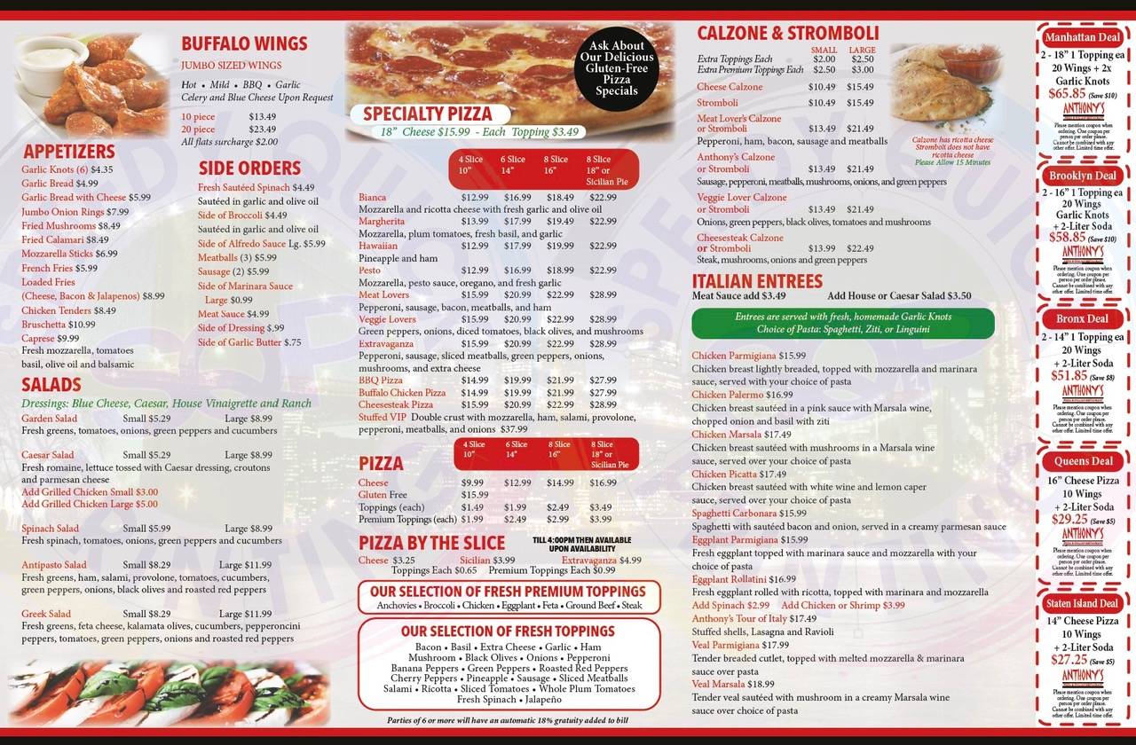 Menu at The Original Anthony's Pizza pizzeria, DeBary