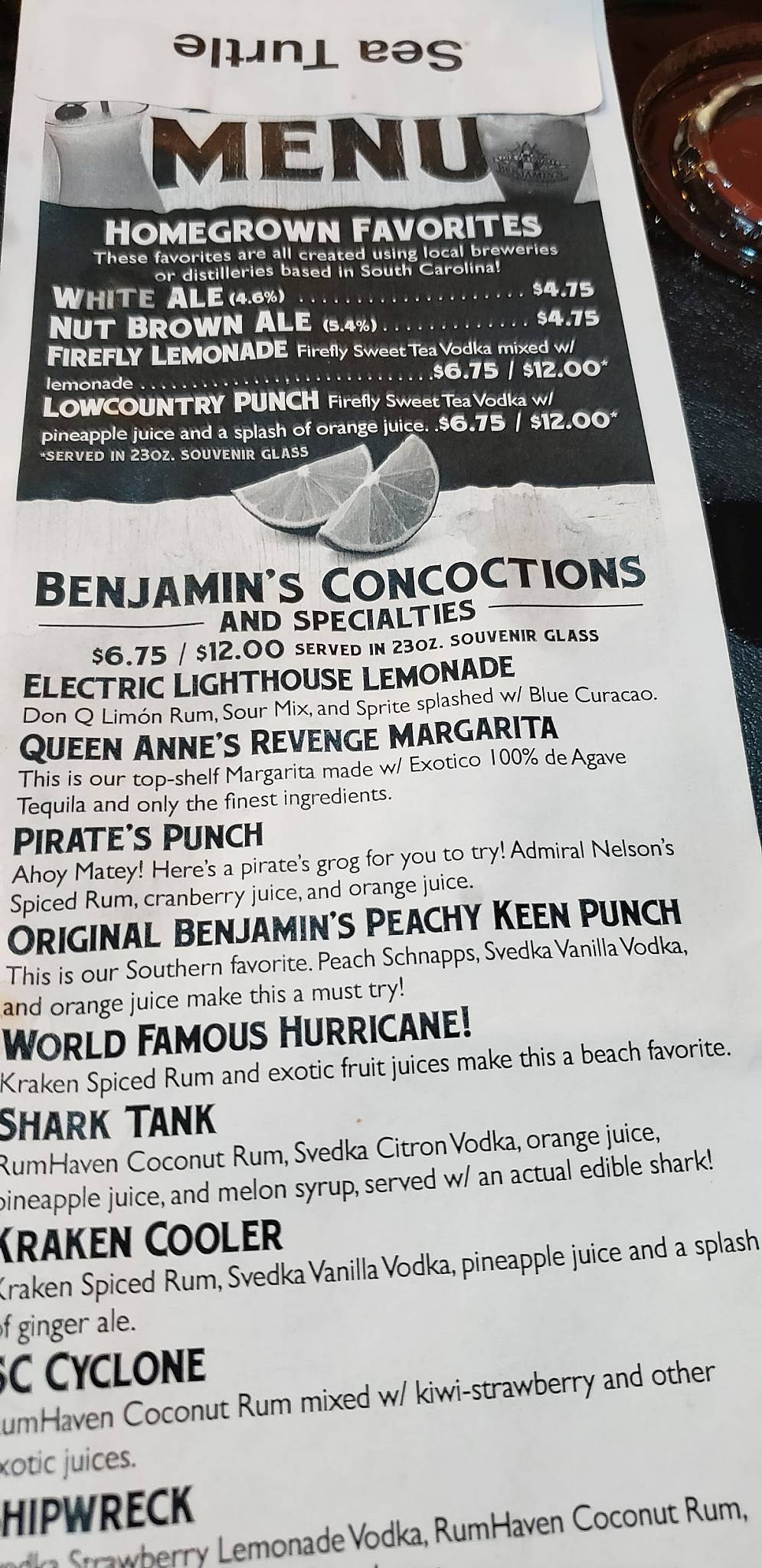 Menu at The Original Benjamin's Calabash Seafood restaurant, Myrtle ...