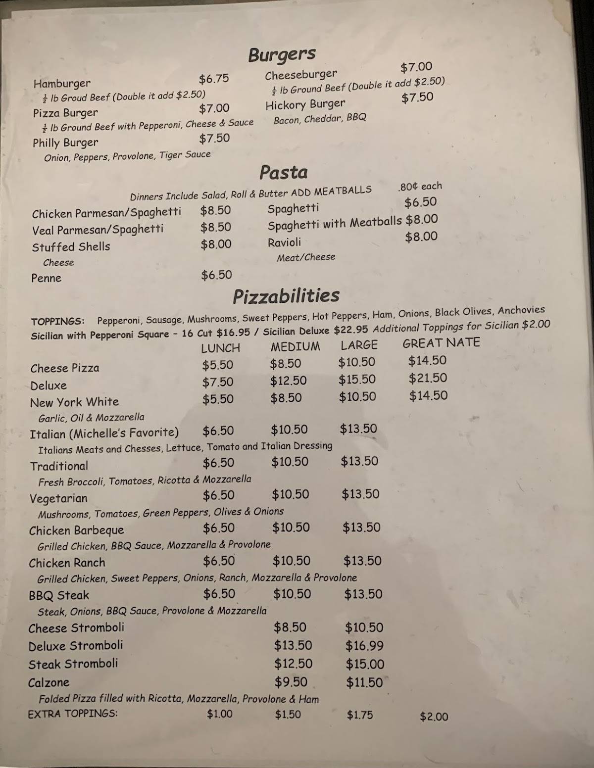 Menu at The Original Mike & Sons Pizzaria pizzeria, Grindstone