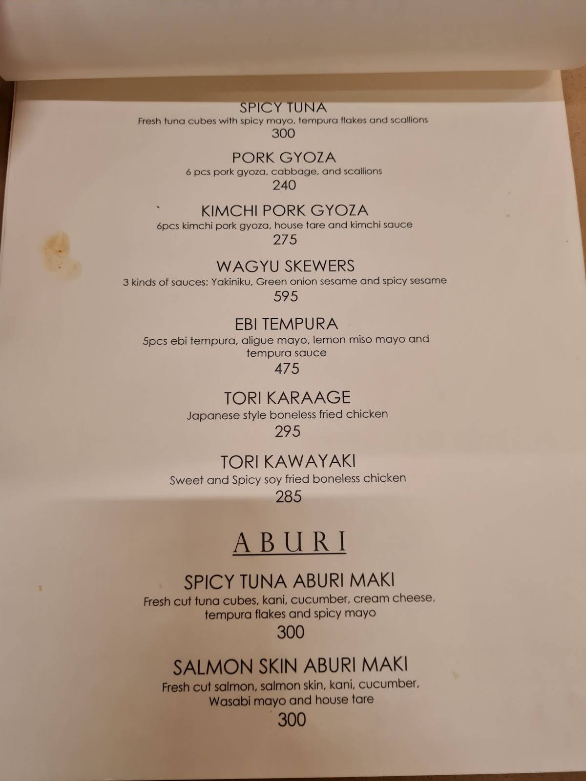 Menu at The Pantry Modern Japanese restaurant, Iligan City