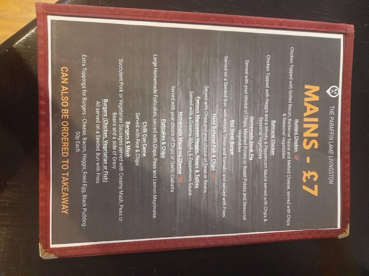 Menu at The Paraffin Lamp pub & bar, Livingston, Unit 24