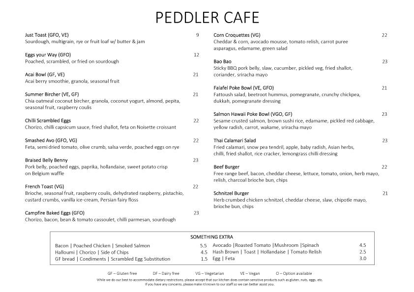 Menu at The Peddler Cafe, Nunawading