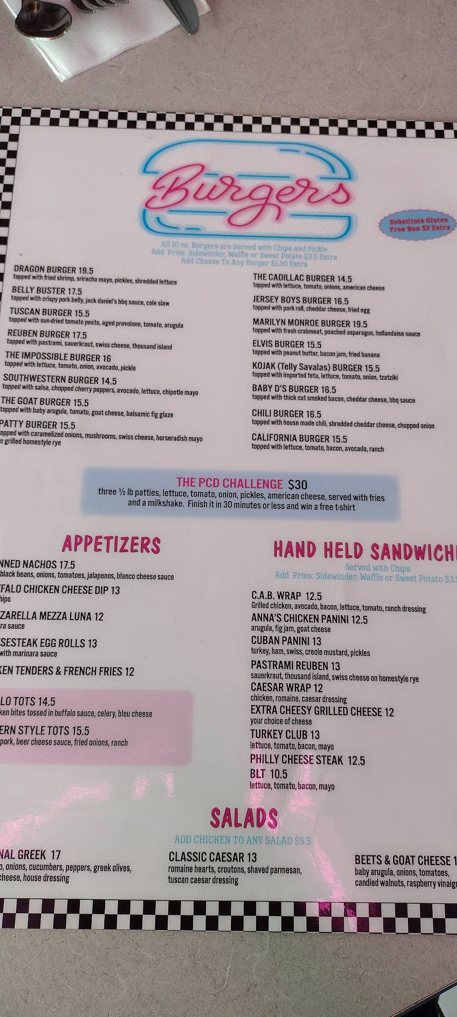 Menu at The Pink Cadillac Diner restaurant, Wildwood