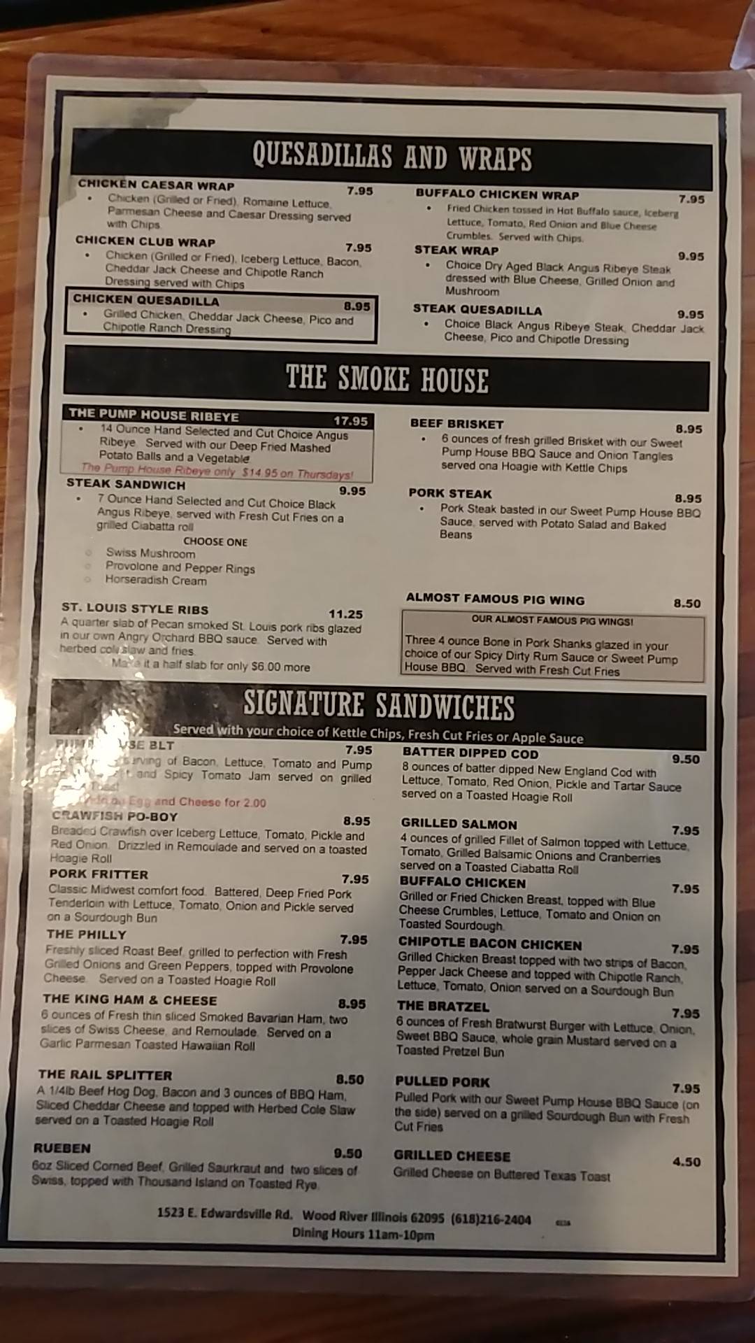 Menu at The Pump House Bar & Grill, Wood River