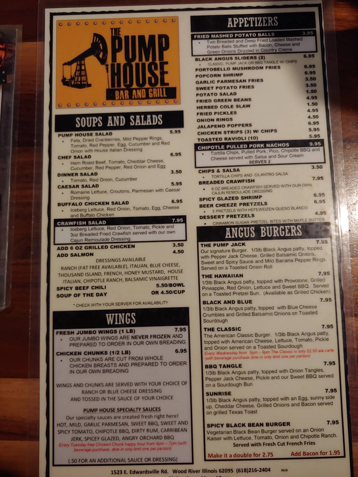 Menu at The Pump House Bar & Grill, Wood River