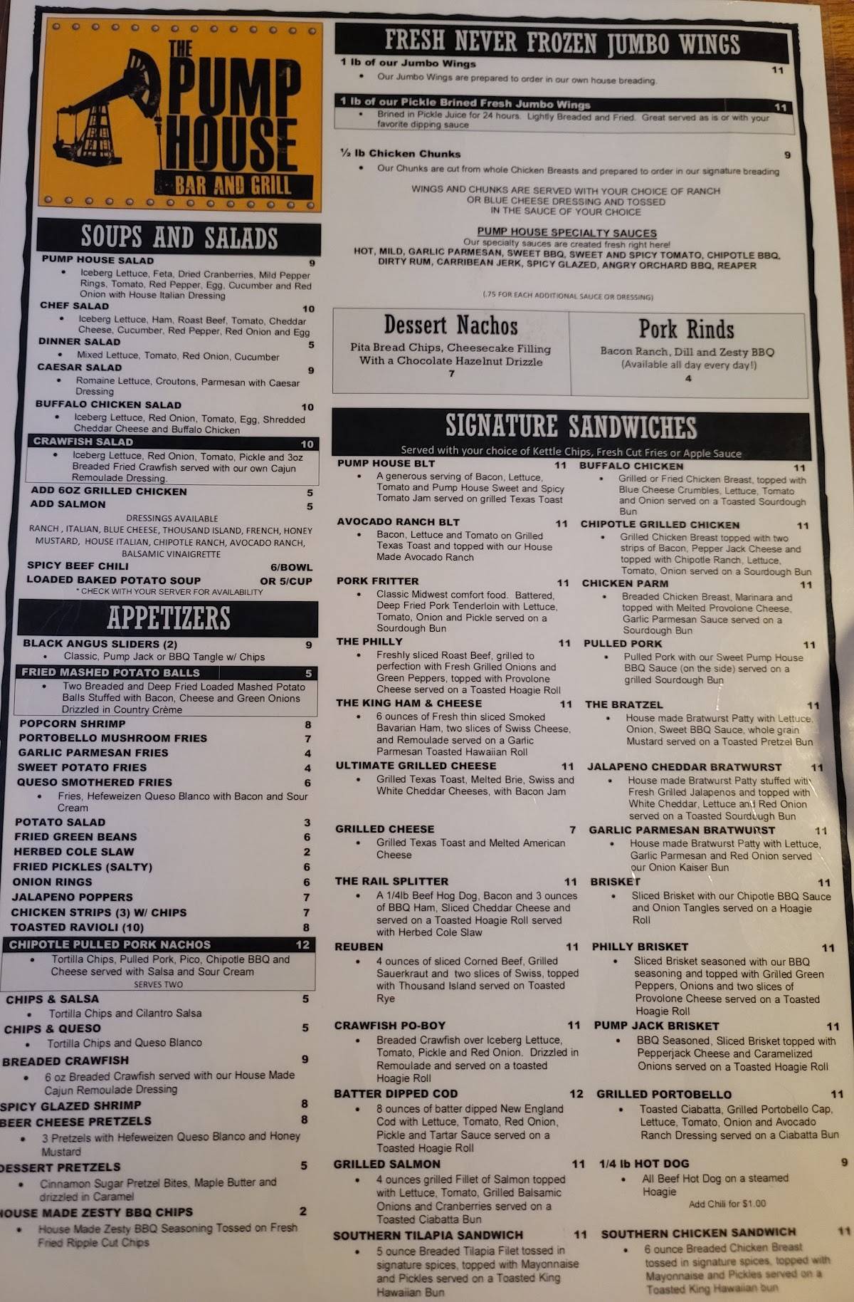 Menu at The Pump House Bar & Grill, Wood River