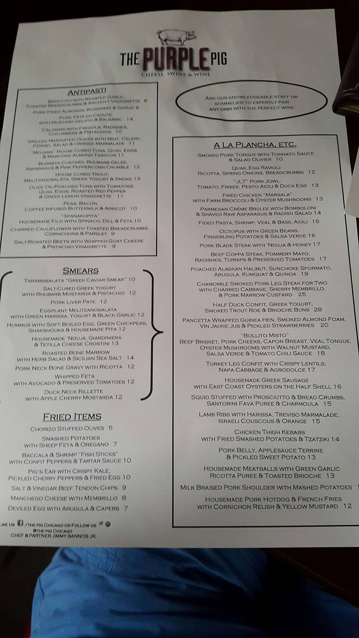 Menu at The Purple Pig Restaurant, Chicago, 444 Michigan Ave