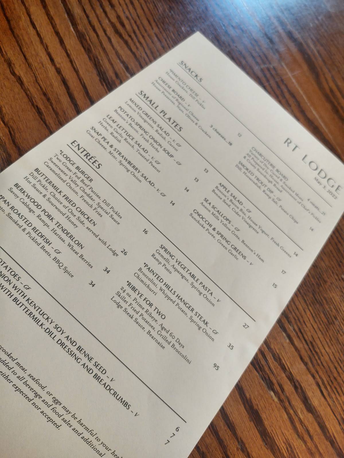 Menu at The Restaurant at RT Lodge, Maryville