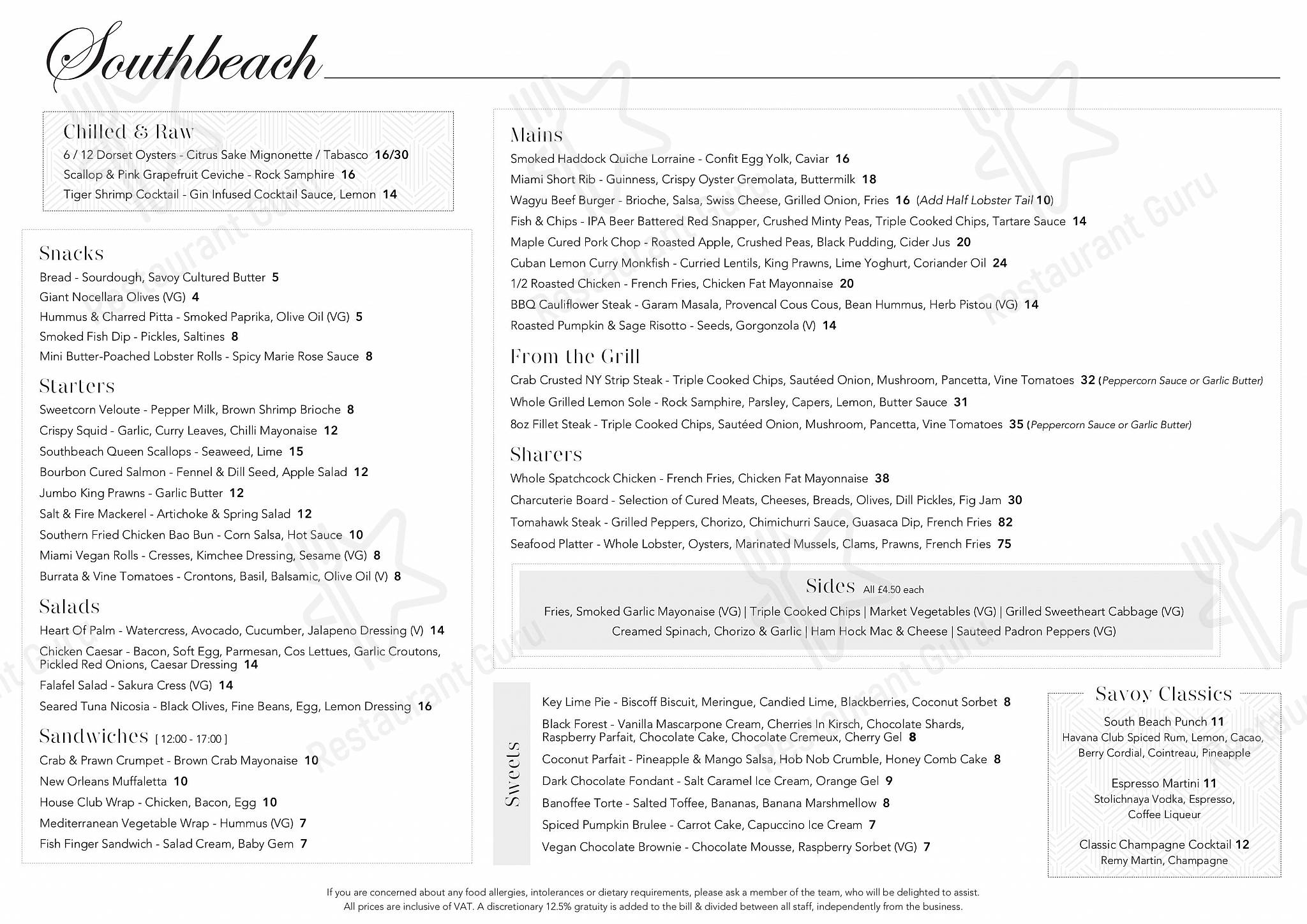 Menu at The Nici restaurant, Bournemouth