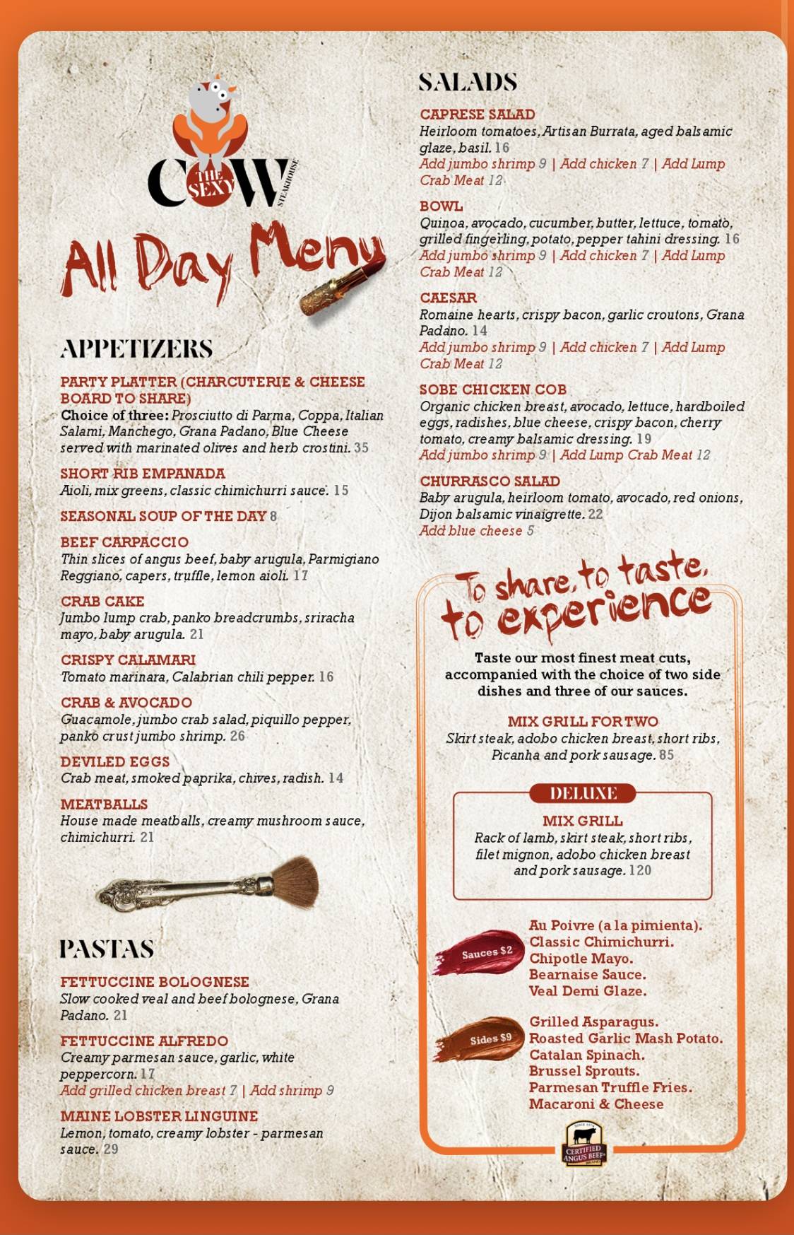 Menu at The Sexy Cow Steakhouse, Miami Beach