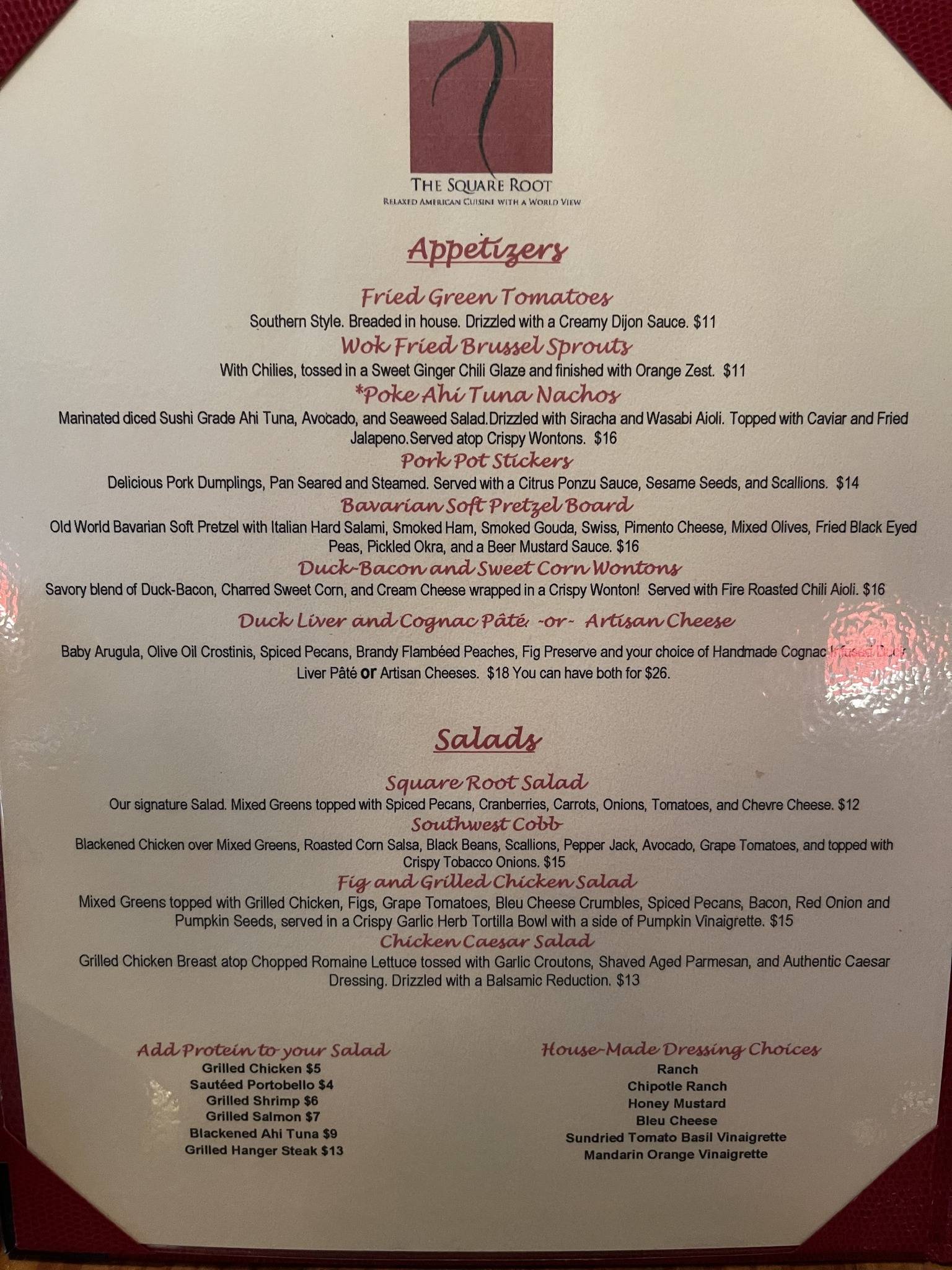 Menu at The Square Root restaurant, Brevard