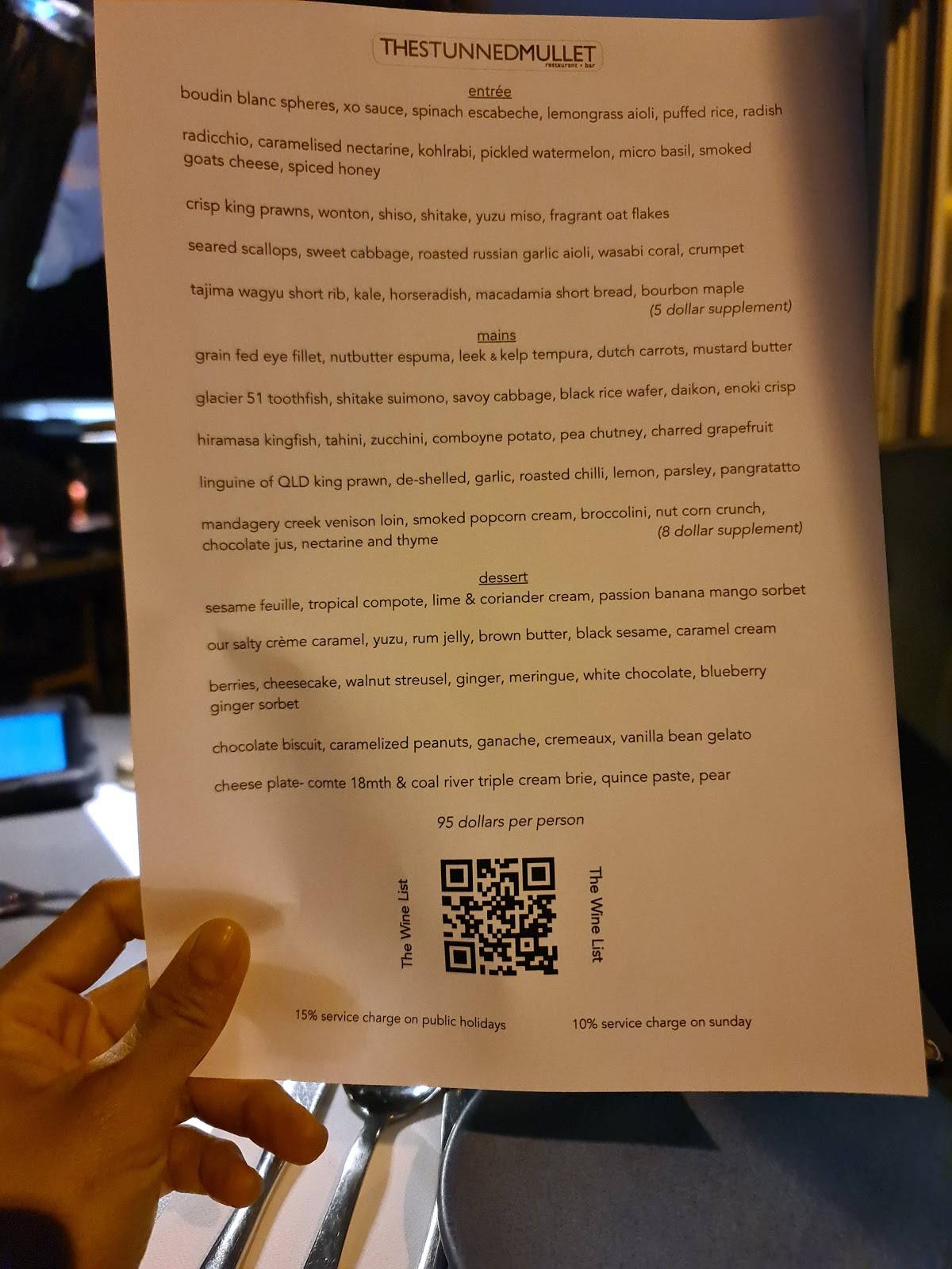 Menu at The Stunned Mullet restaurant, Port Macquarie
