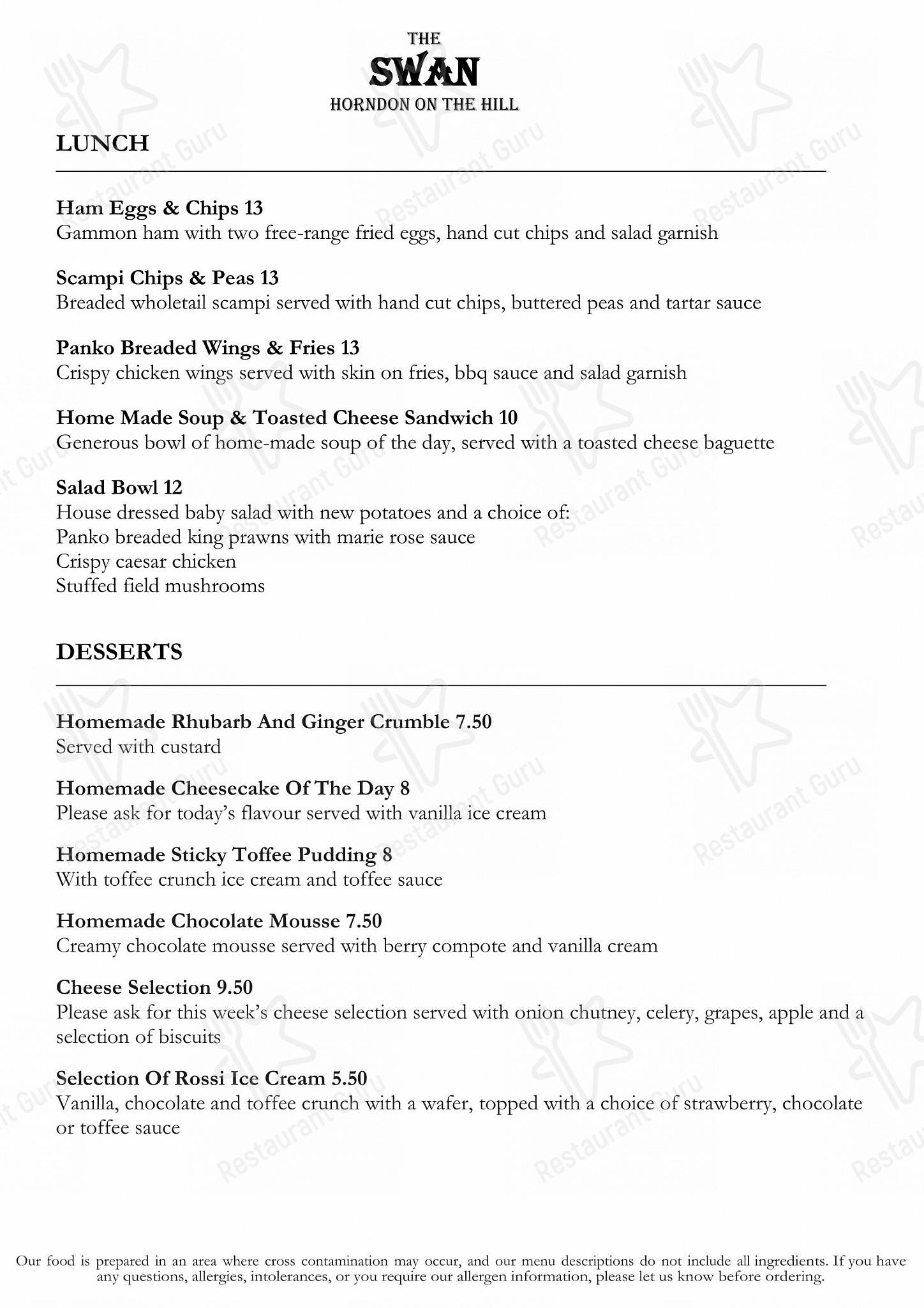 Menu at The Swan Bar and Restaurant, Horndon on the Hill, 121 High Road