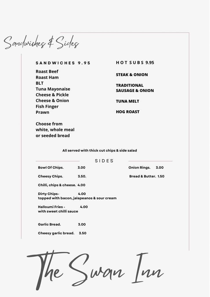 Menu at The Swan Inn pub & bar, Draycott in the Clay, Lichfield Road