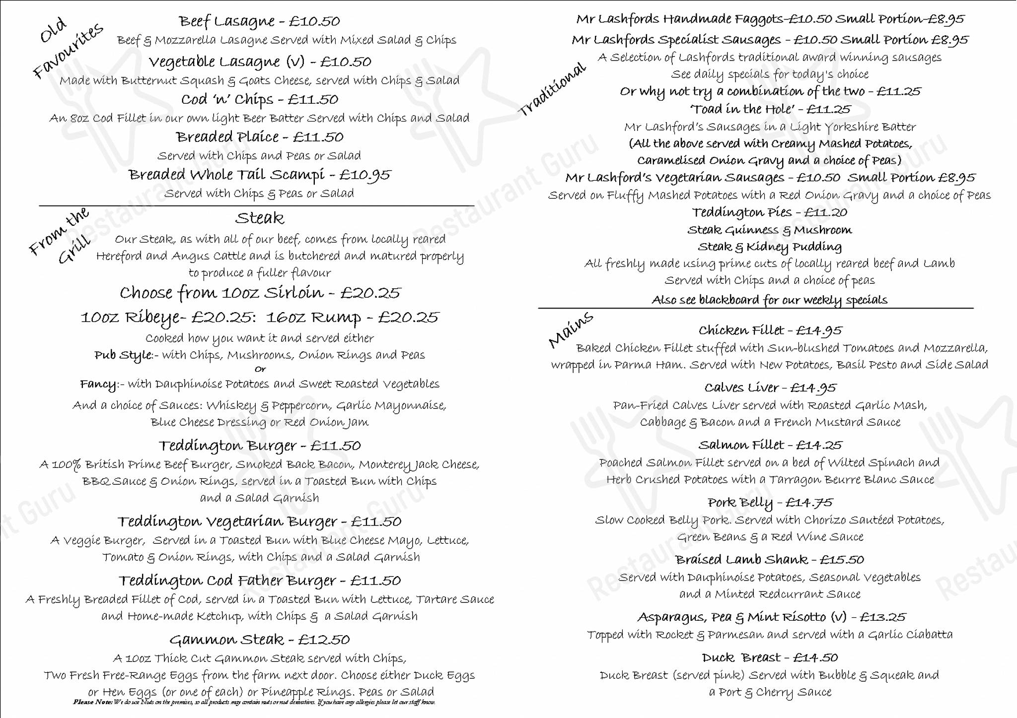 Menu at The Teddington Hands Inn pub & bar, Teddington