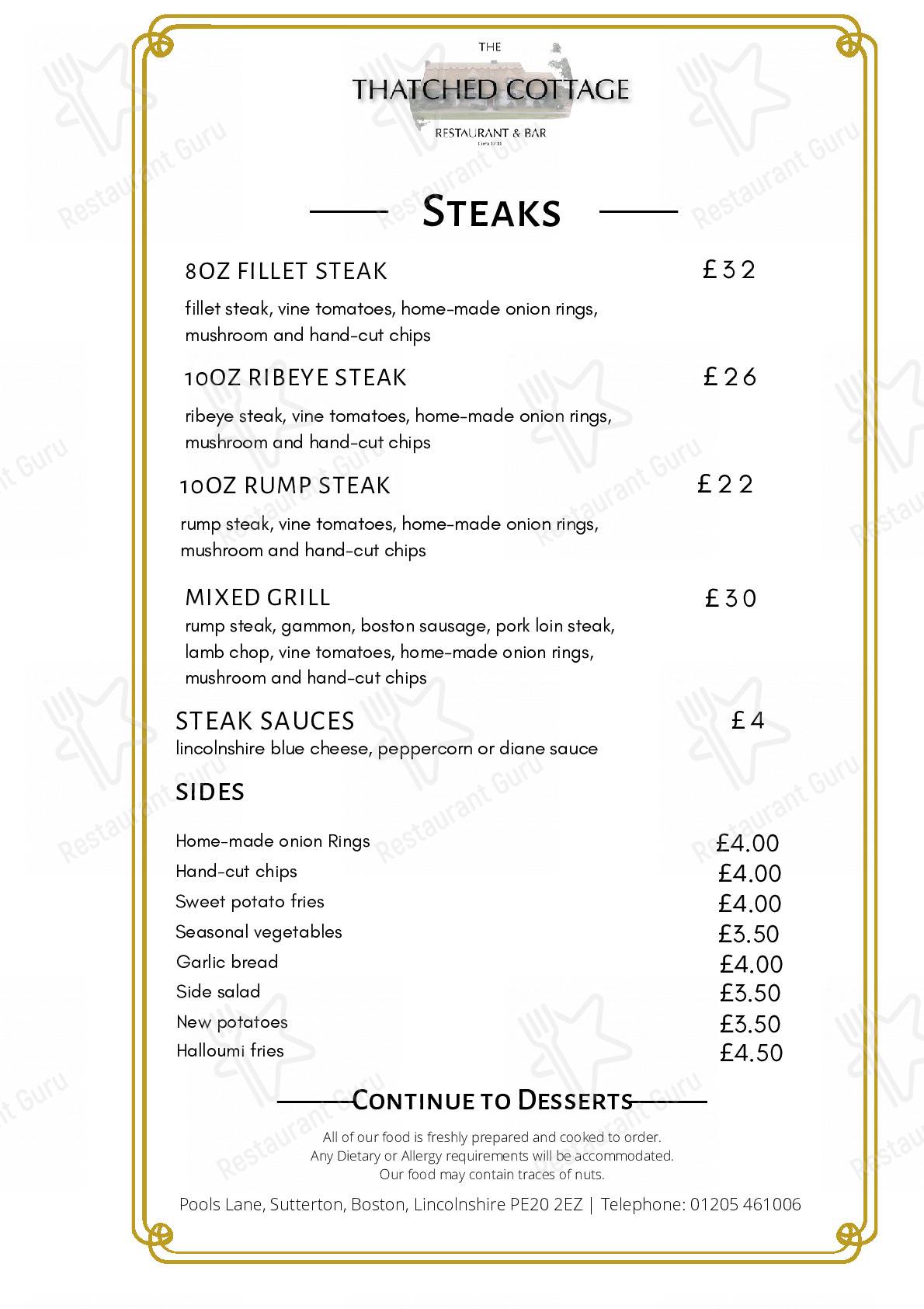 Menu at The Thatched Cottage Restaurant, Sutterton