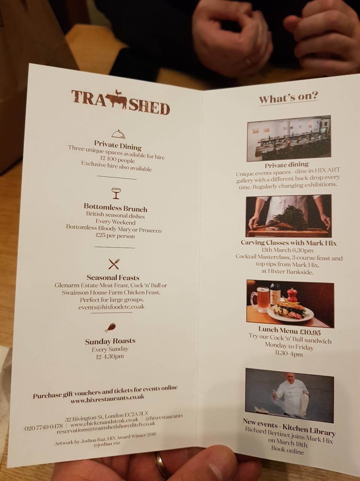 Menu at The Tramshed Project restaurant, London