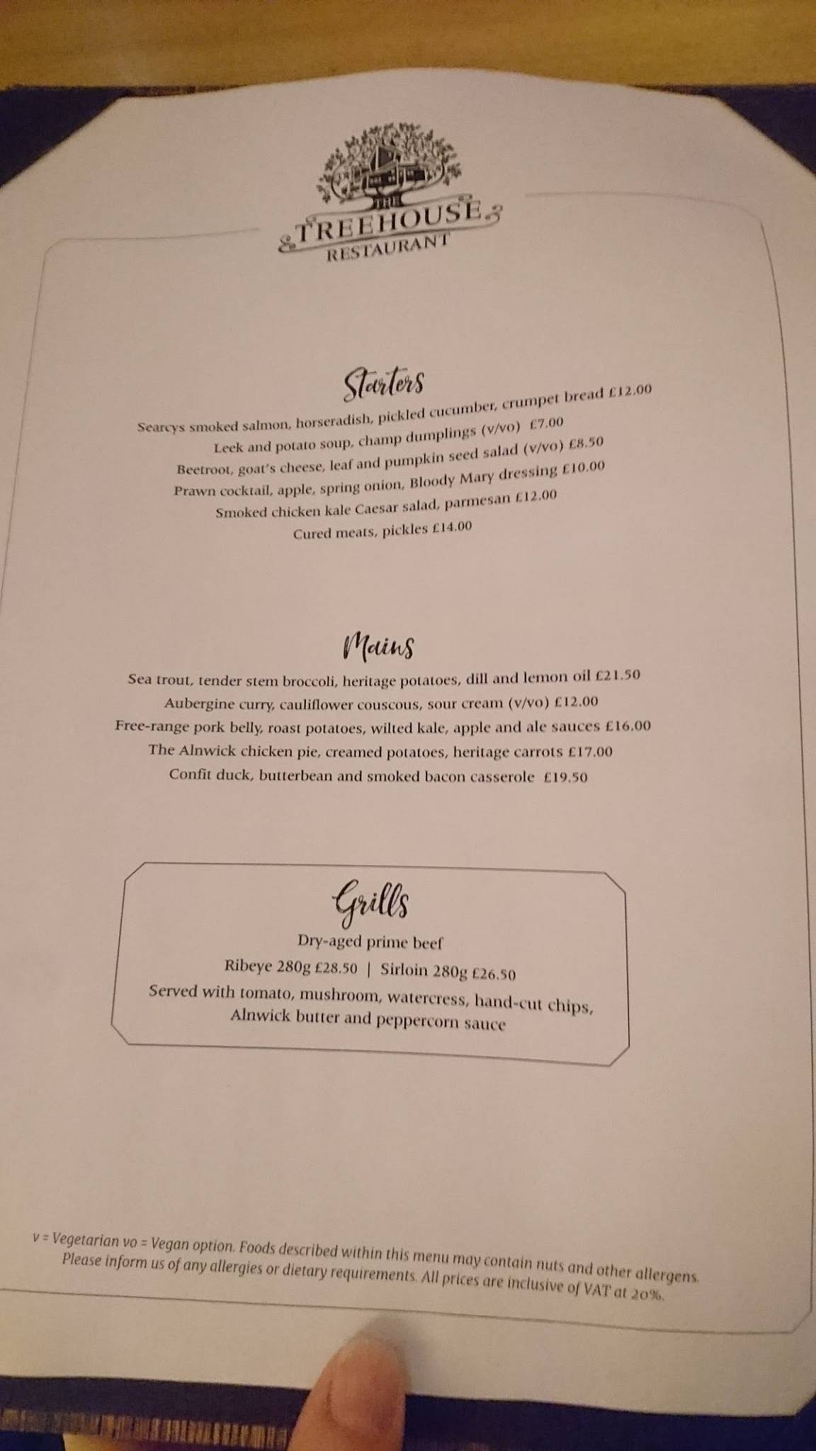 Menu at The Treehouse Restaurant, Alnwick