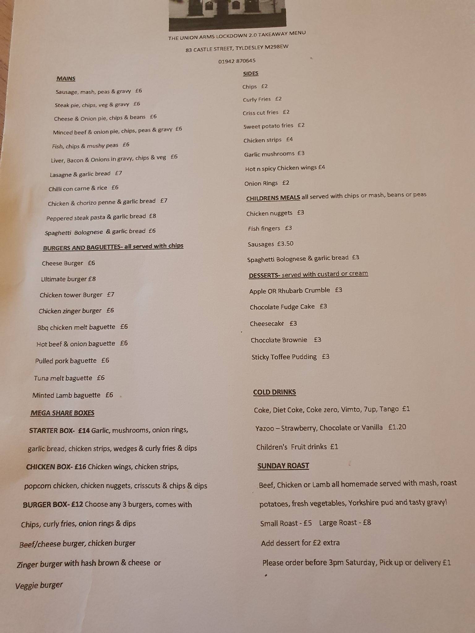 Menu at The Union Arms pub & bar, Tyldesley