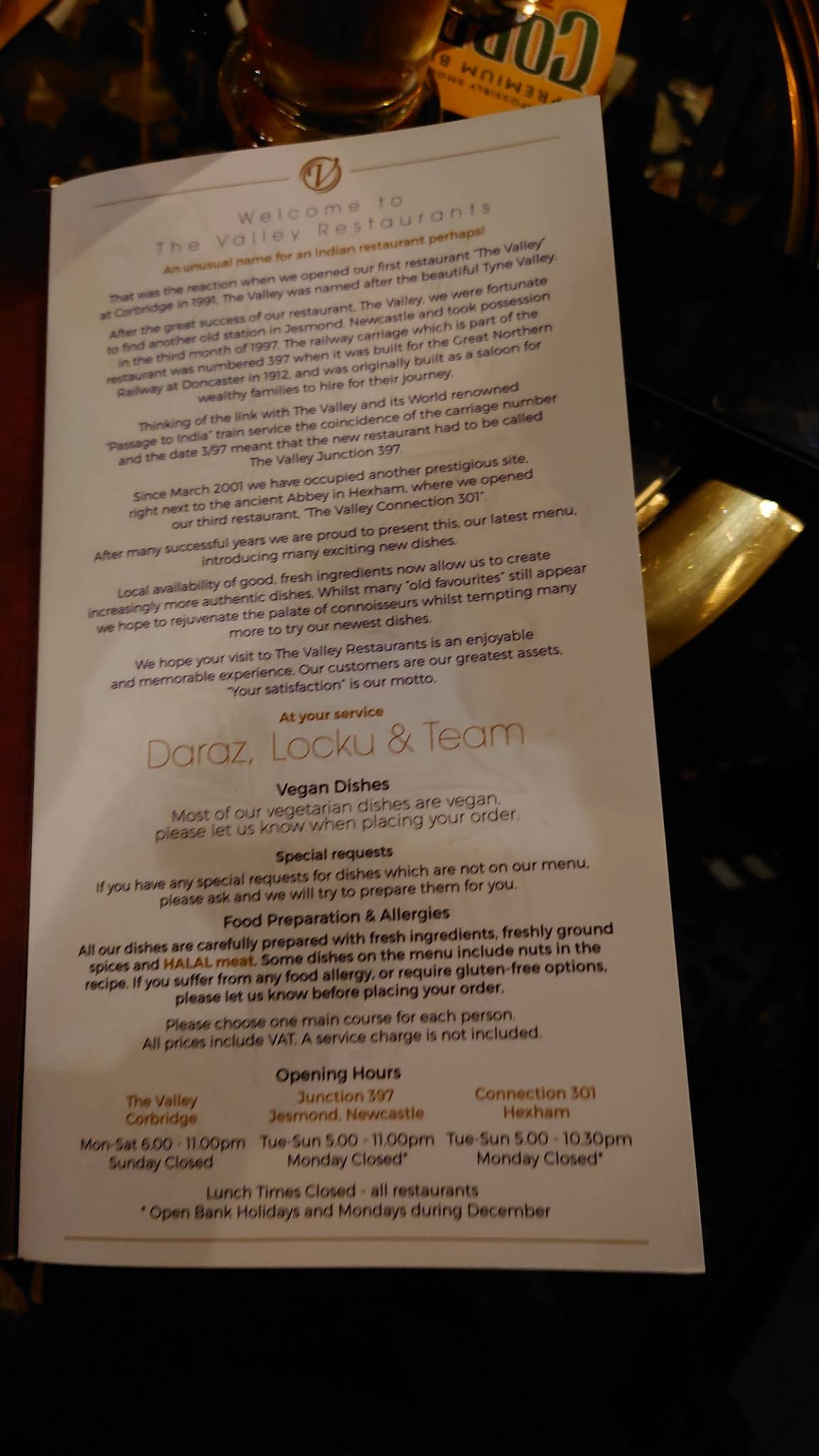 Menu at The Valley restaurant, Corbridge, The Valley