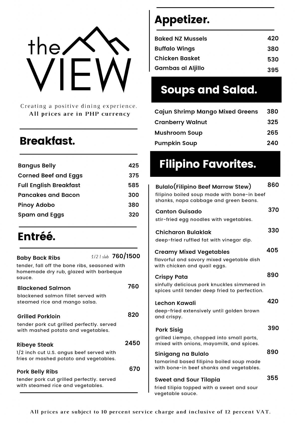 Menu at The View Restaurant • Cafe, Laurel