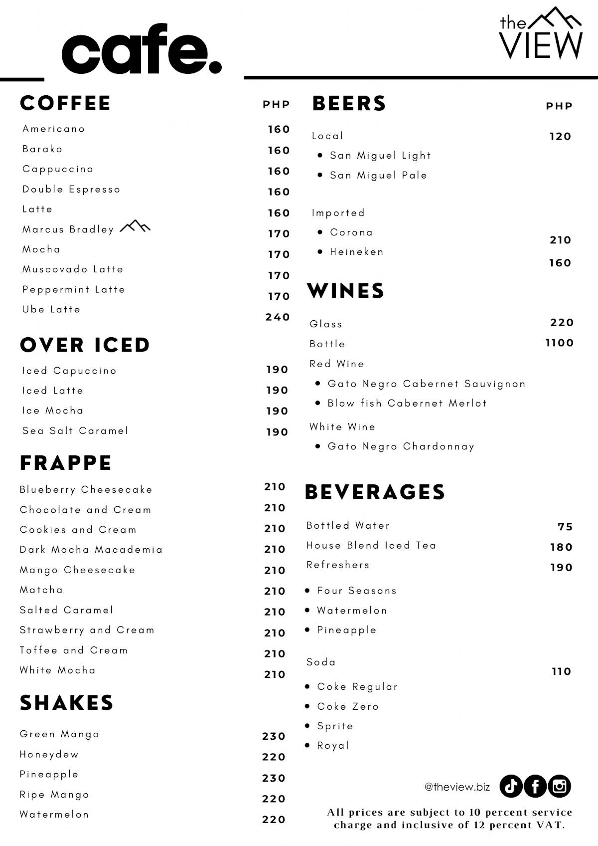 Menu at The View Restaurant • Cafe, Laurel