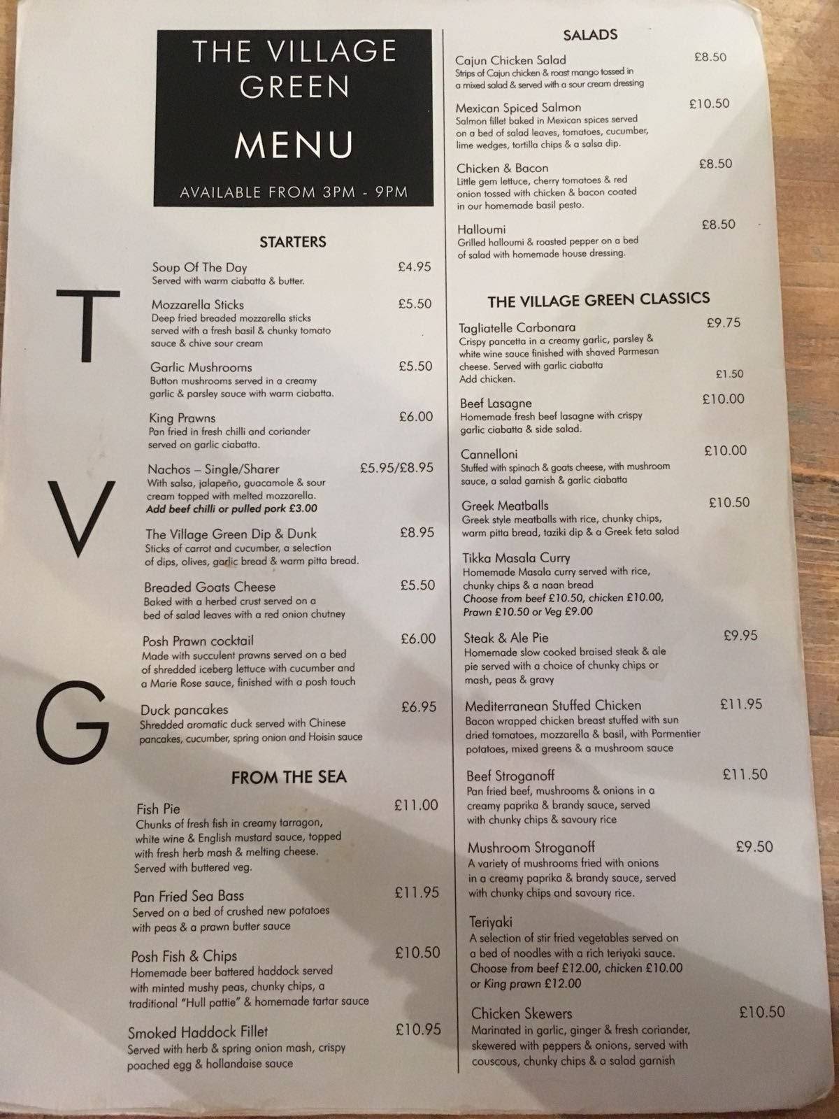 Menu at The Village Green Cafe Bar, Hull