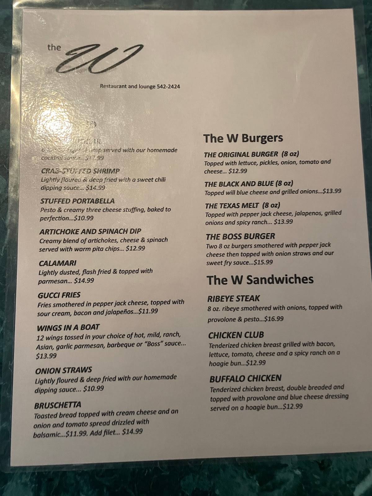 Menu at The W Restaurant, Du Quoin