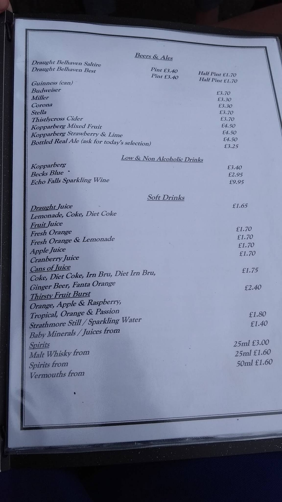 Menu at The Waterfront restaurant, Anstruther