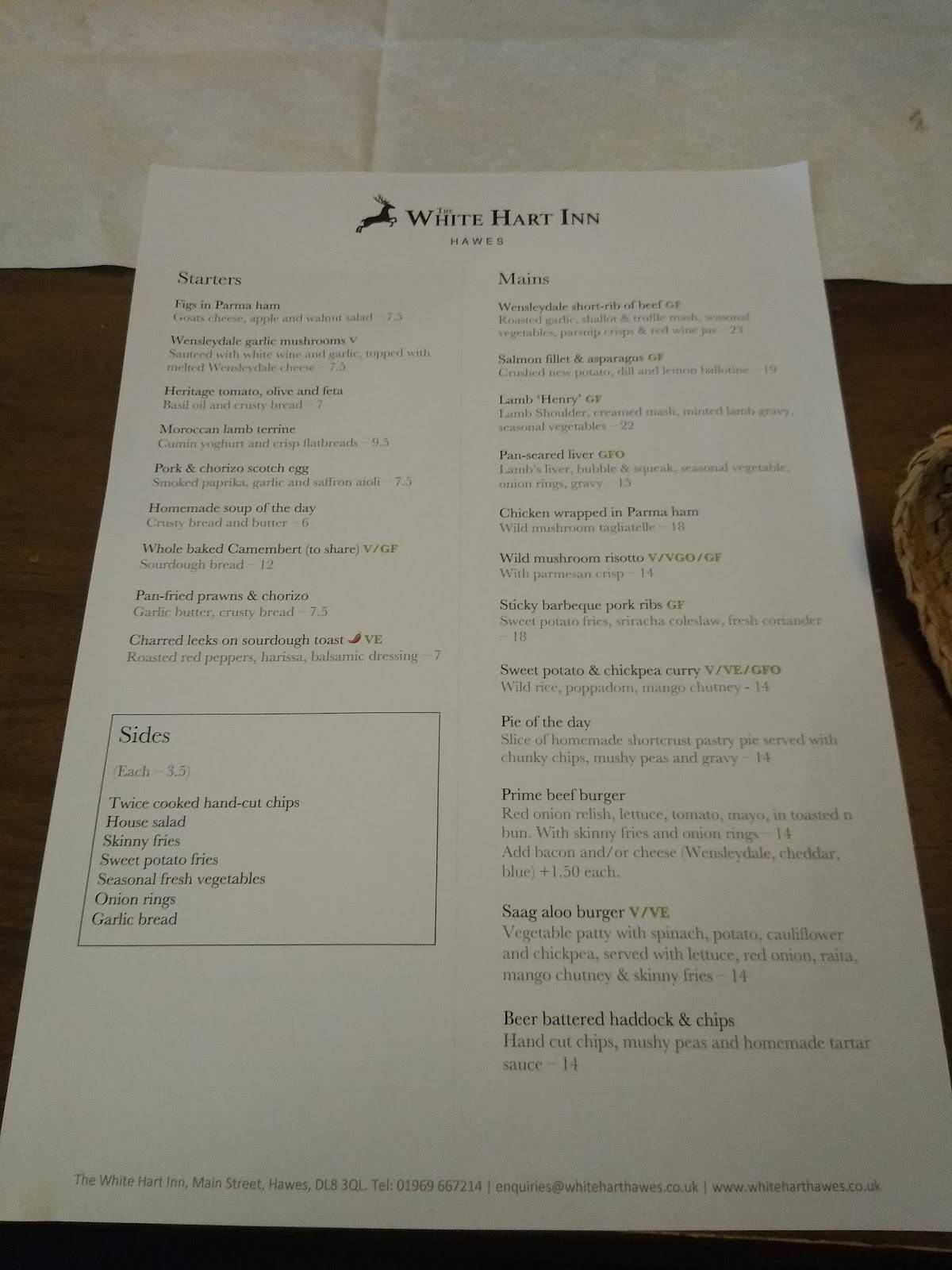 Menu at The White Hart Inn, Hawes restaurant, Hawes