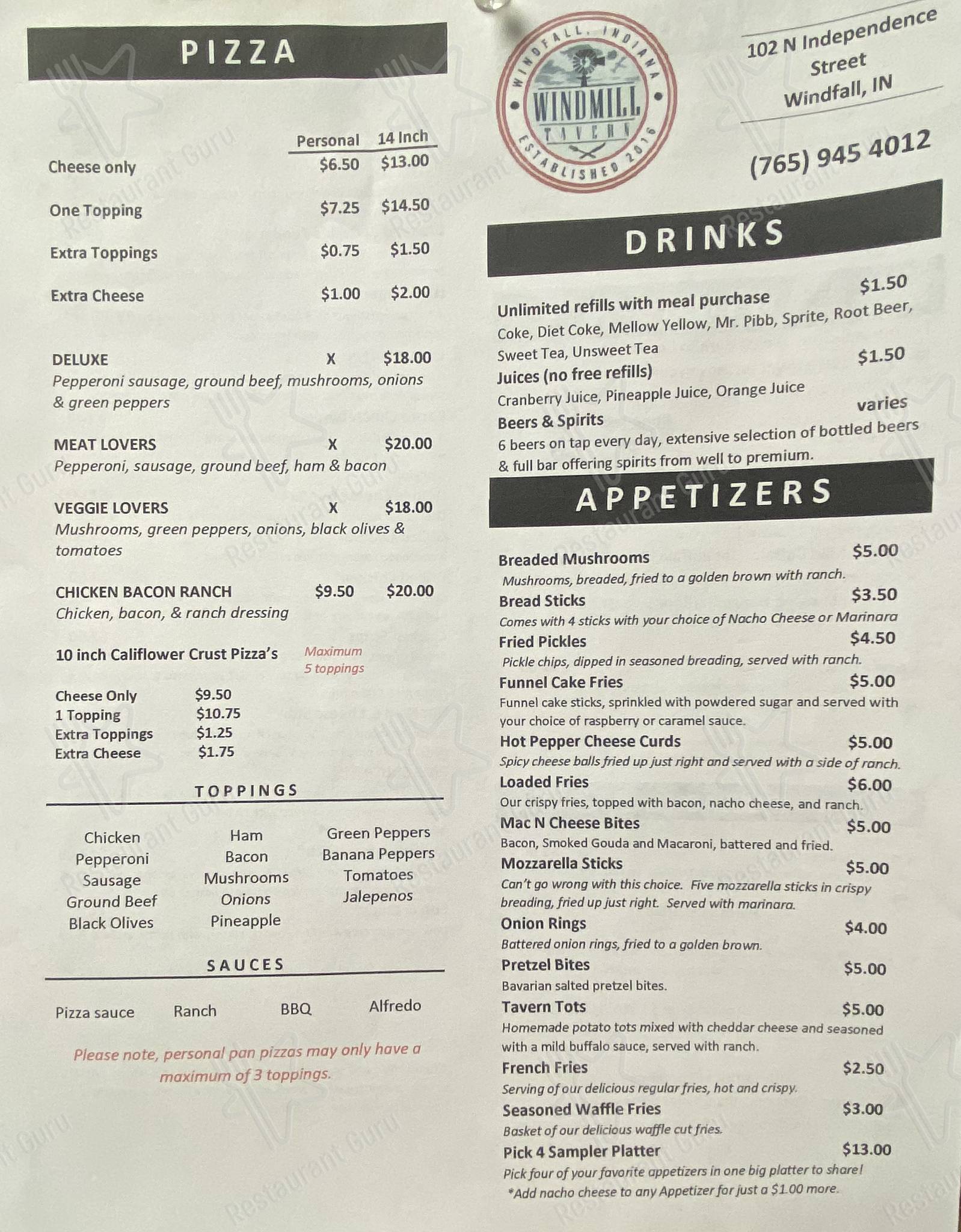 Menu at The Windmill Tavern pub & bar, Windfall
