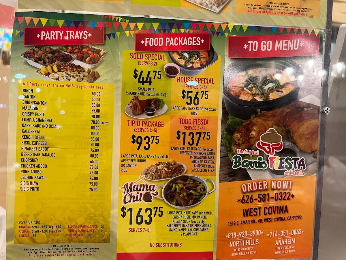 Menu at The original Barrio Fiesta of Manila, West Covina