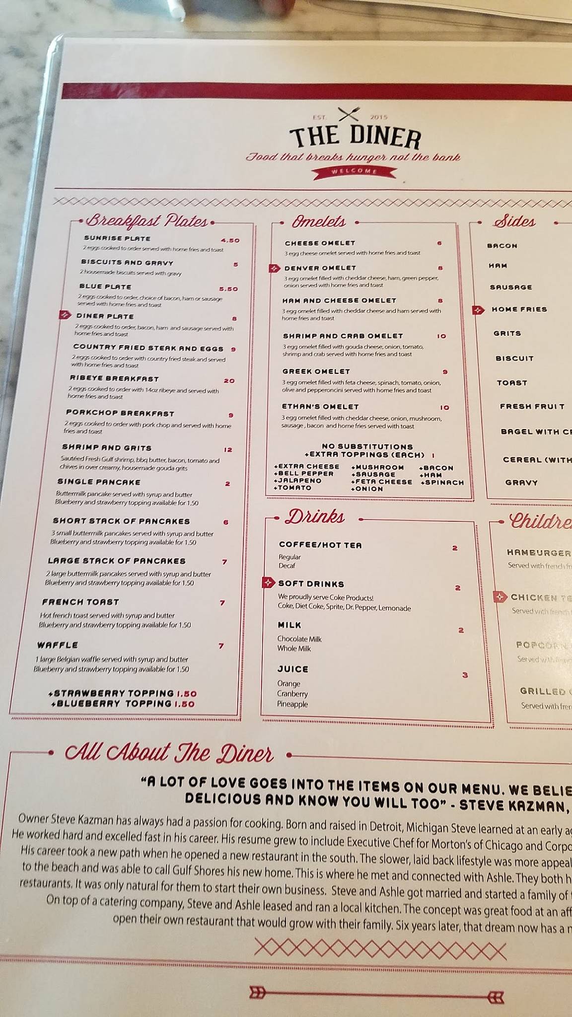 Menu at The ugly Diner restaurant, Gulf Shores