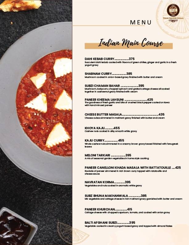 Menu at Three Quarter Indian, Ahmedabad