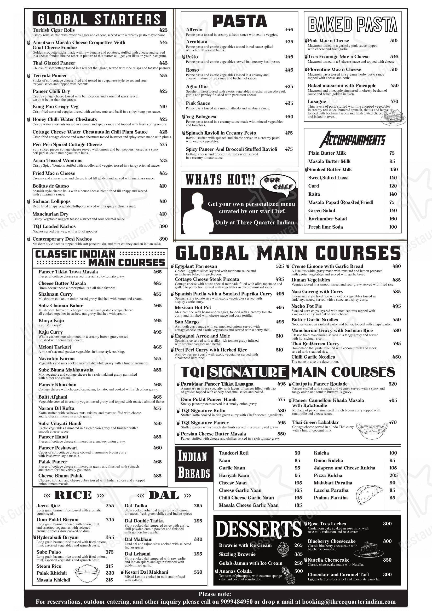Menu at Three Quarter Indian, Ahmedabad