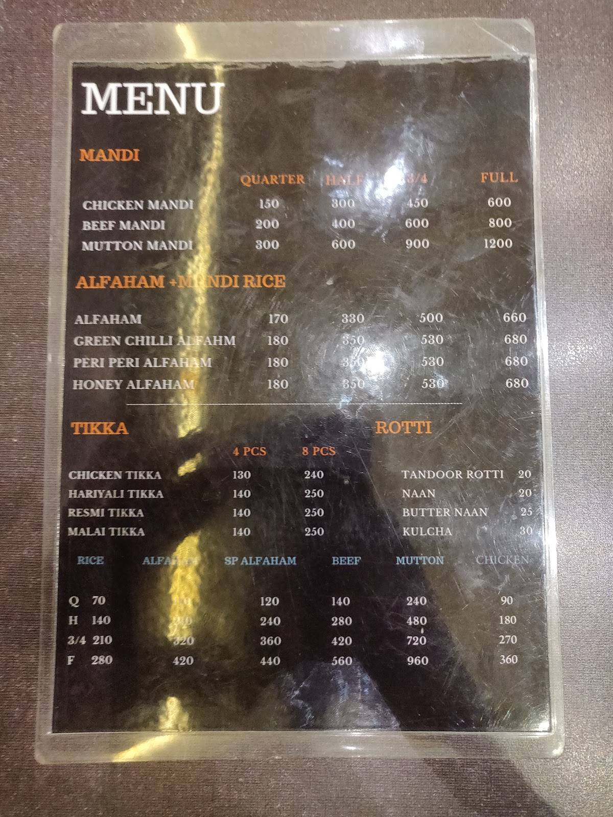 Menu at Soofi Mandi, Thrissur