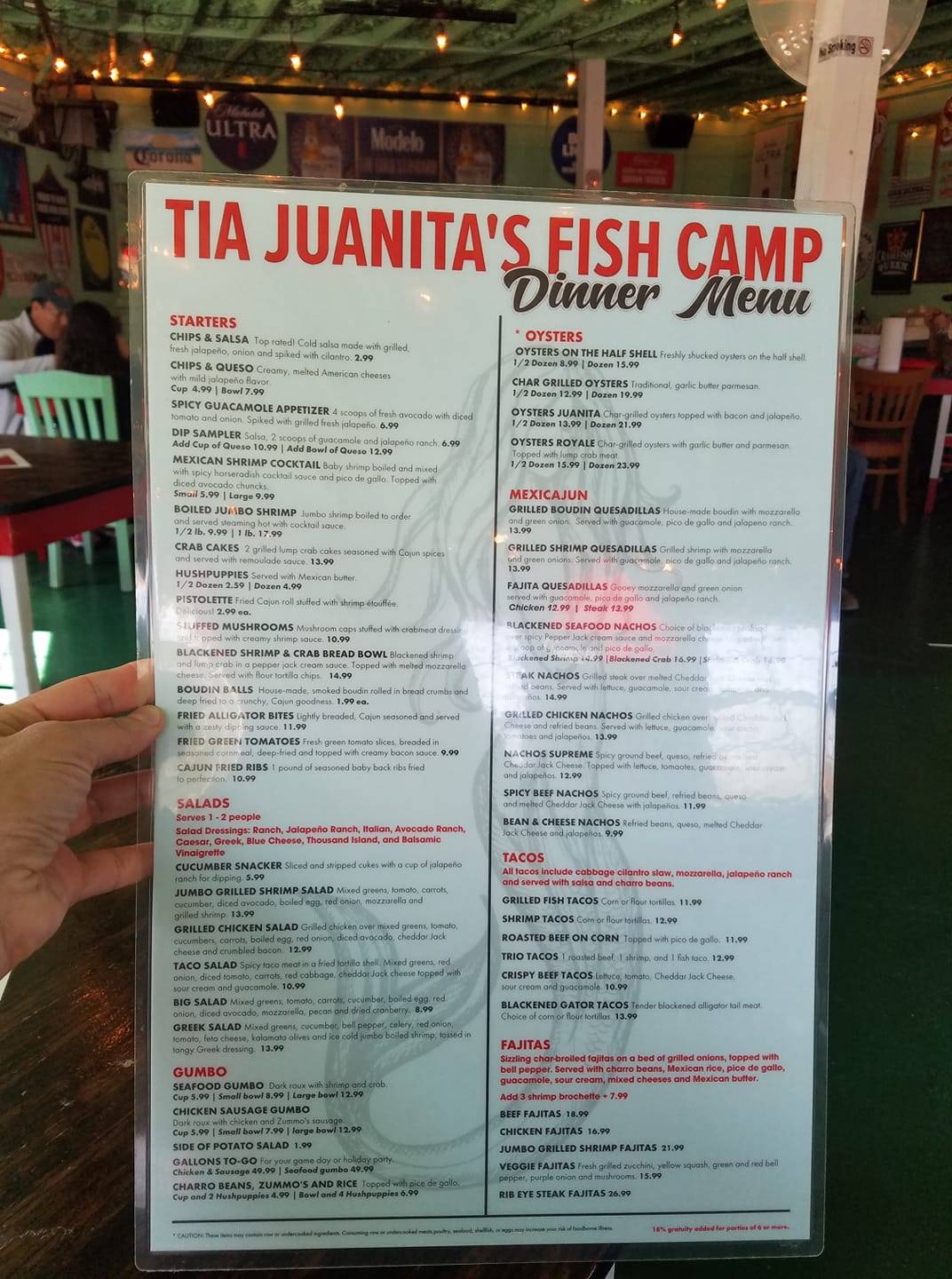 Menu at Tia Juanita's Fish Camp restaurant, Lumberton